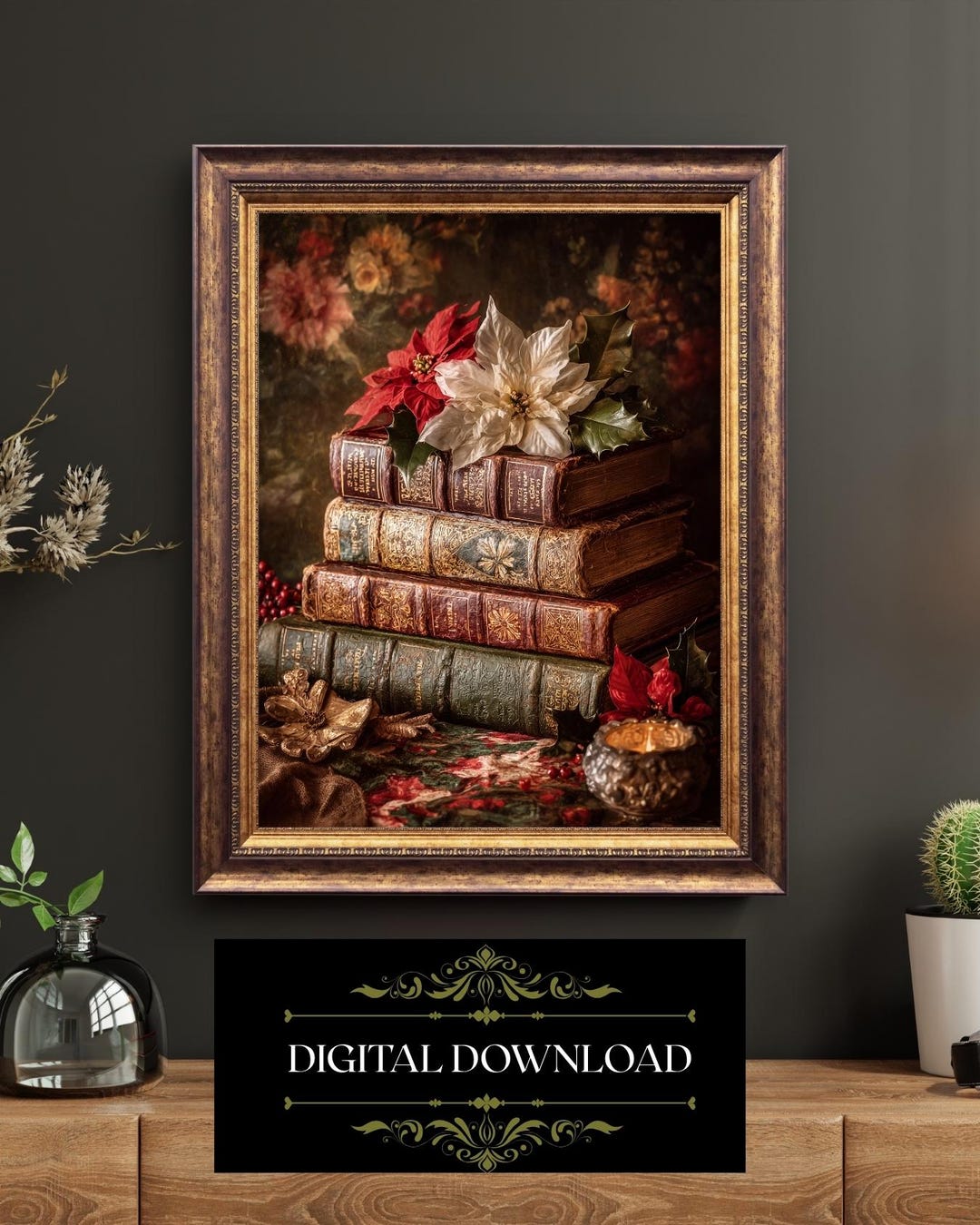 Victorian Christmas Books Printable Art Antique Library Holiday Still ...