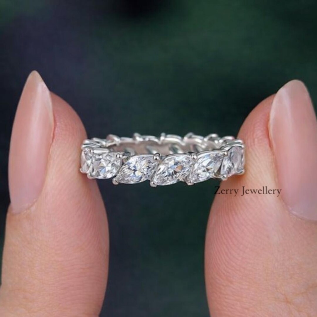Slant Marquise Cut Moissanite Wedding Band, Full Eternity Band, 925 ...