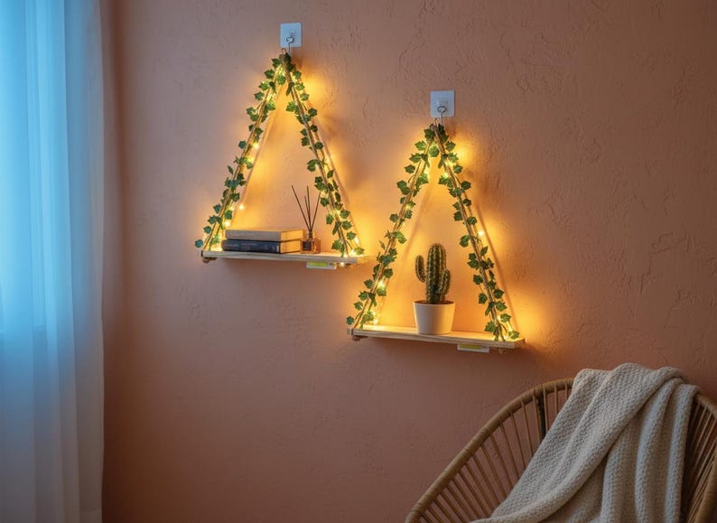 Macrame Wall Shelf With LED Lights, Rustic Wood Plant Holder, Boho ...