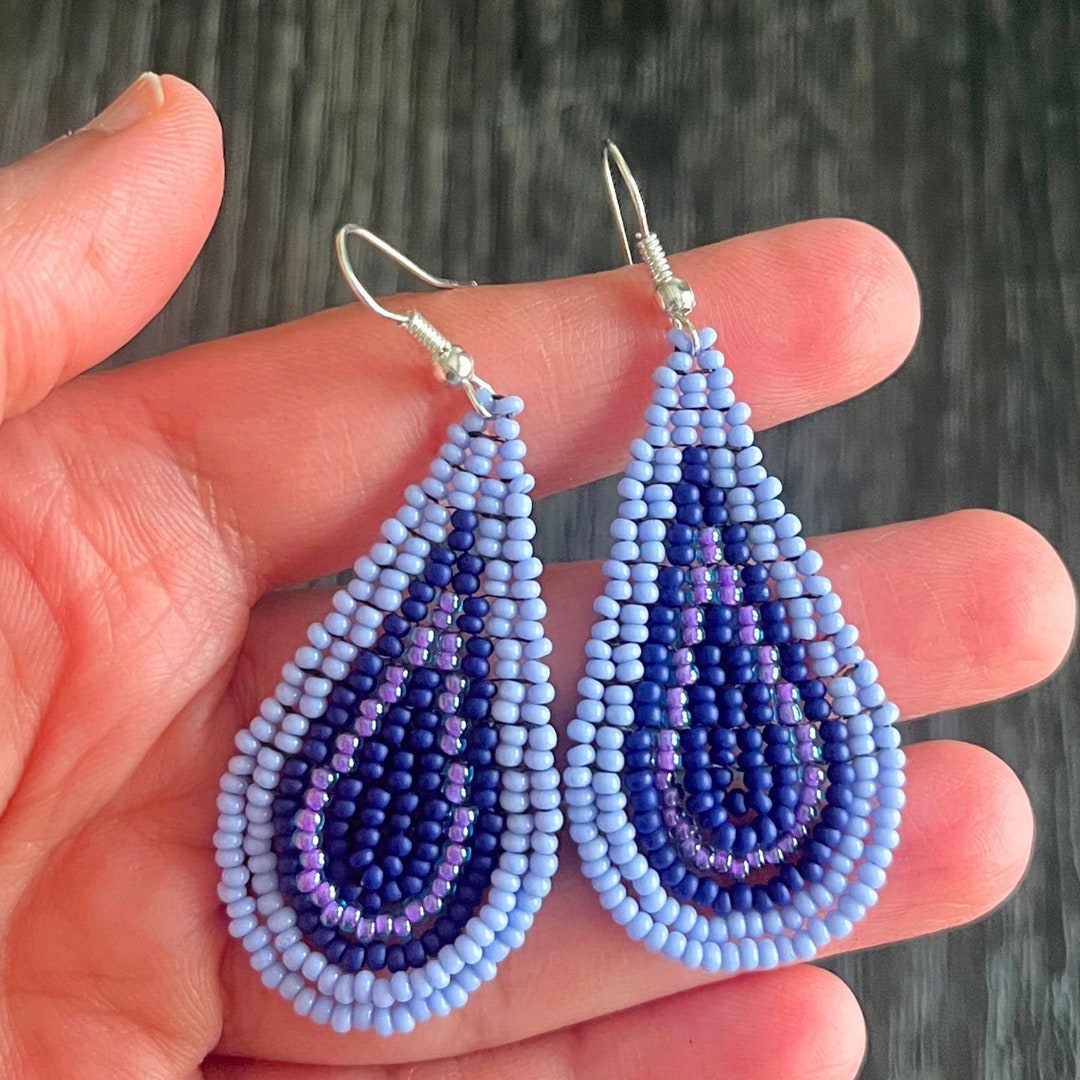 Blue Teardrop Seed Bead Earrings, Boho Color Block Hand Woven Earrings ...