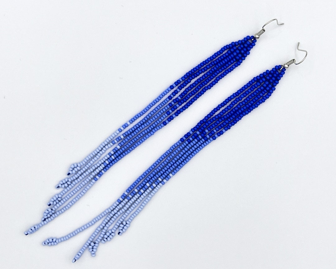 Extra Long Fringe Earrings Navy Blue Sky Blue Gradient Ombre Dangle ...