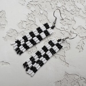 Black and White Beaded Checkerboard Earrings | Handmade Seed Bead Earrings | Lightweight Boho ...