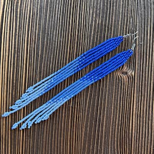 Extra Long Fringe Earrings Navy Blue Sky Blue Gradient Ombre Dangle ...