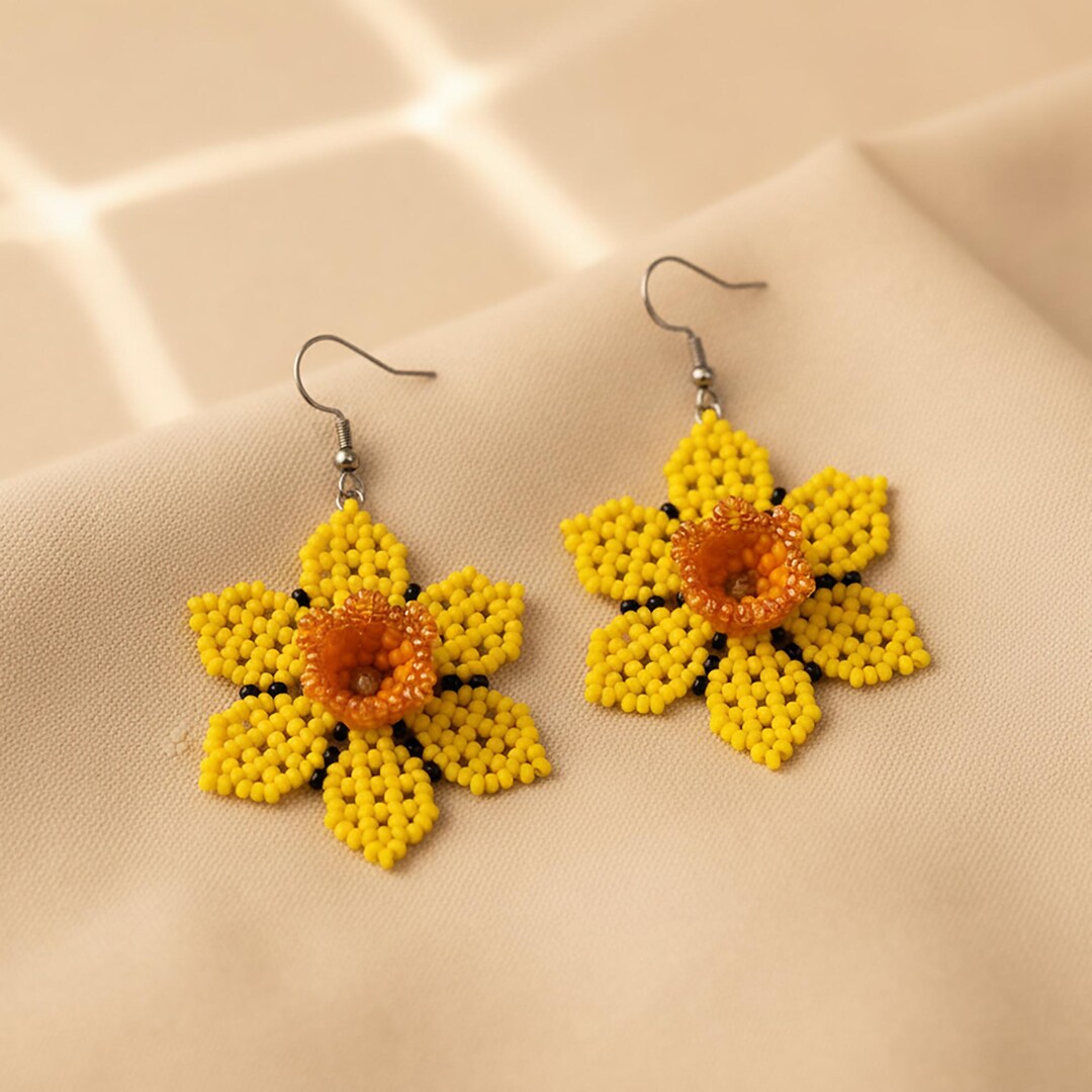 Beaded Daffodil Earrings: Handmade Floral Jewelry, March Birth Flower ...
