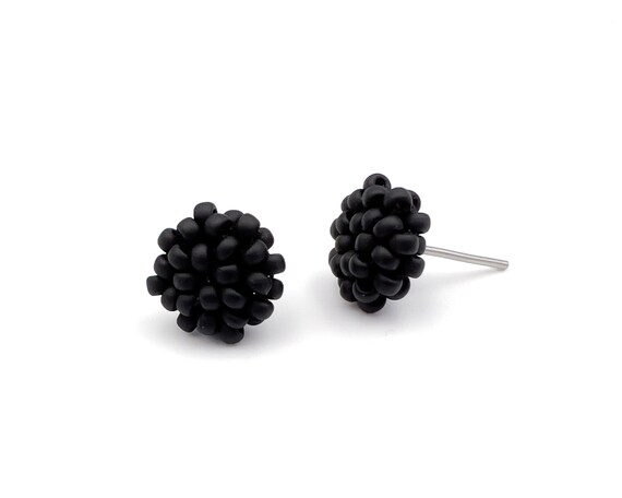 Black Stud Earrings Small Beaded Earrings Button Earrings Seed Bead Earrings Minimalist Tiny Post Earrings Goth Jewelry Gift for Women Etsy