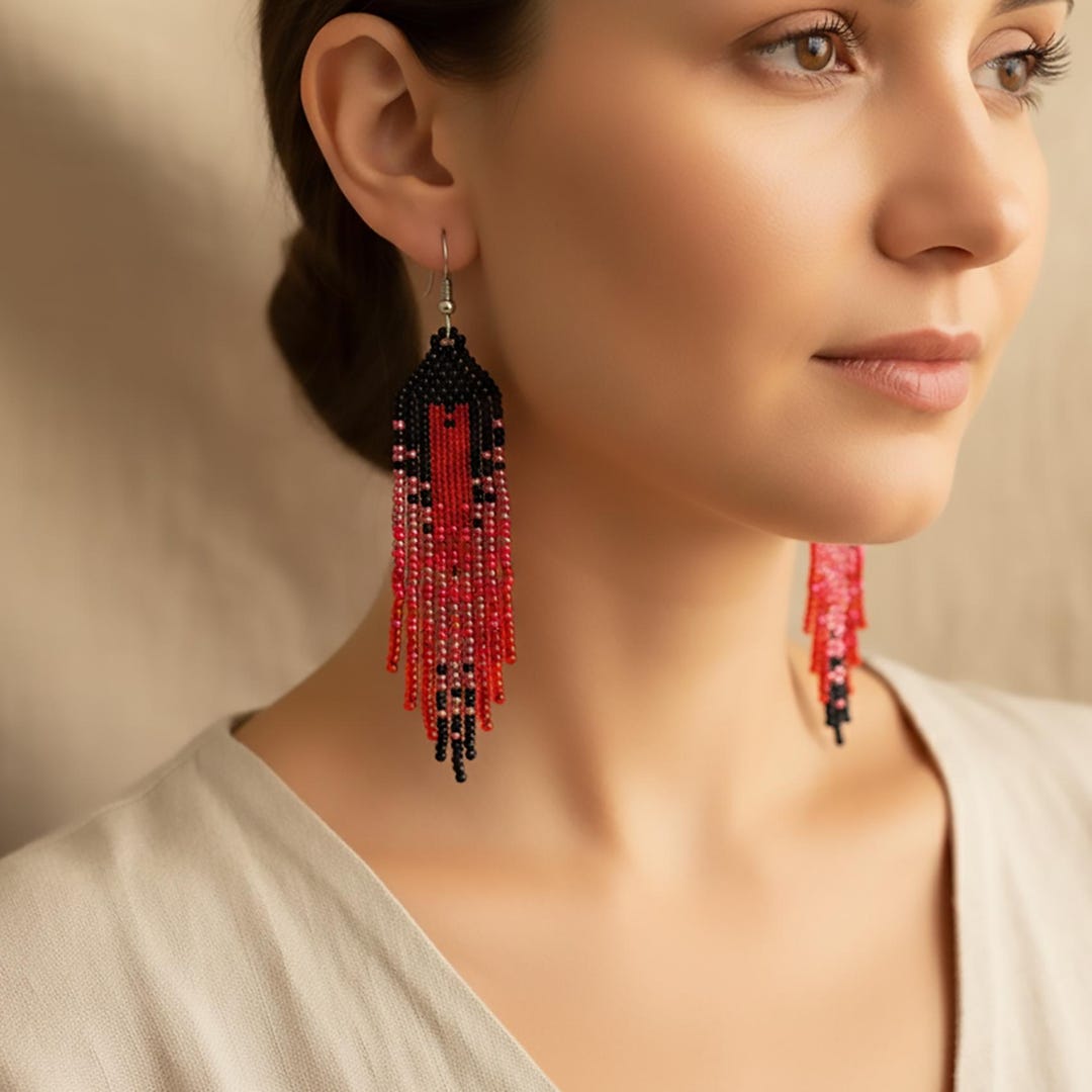 Red Black Beaded Fringe Earrings: Boho Seed Bead Earrings - Etsy