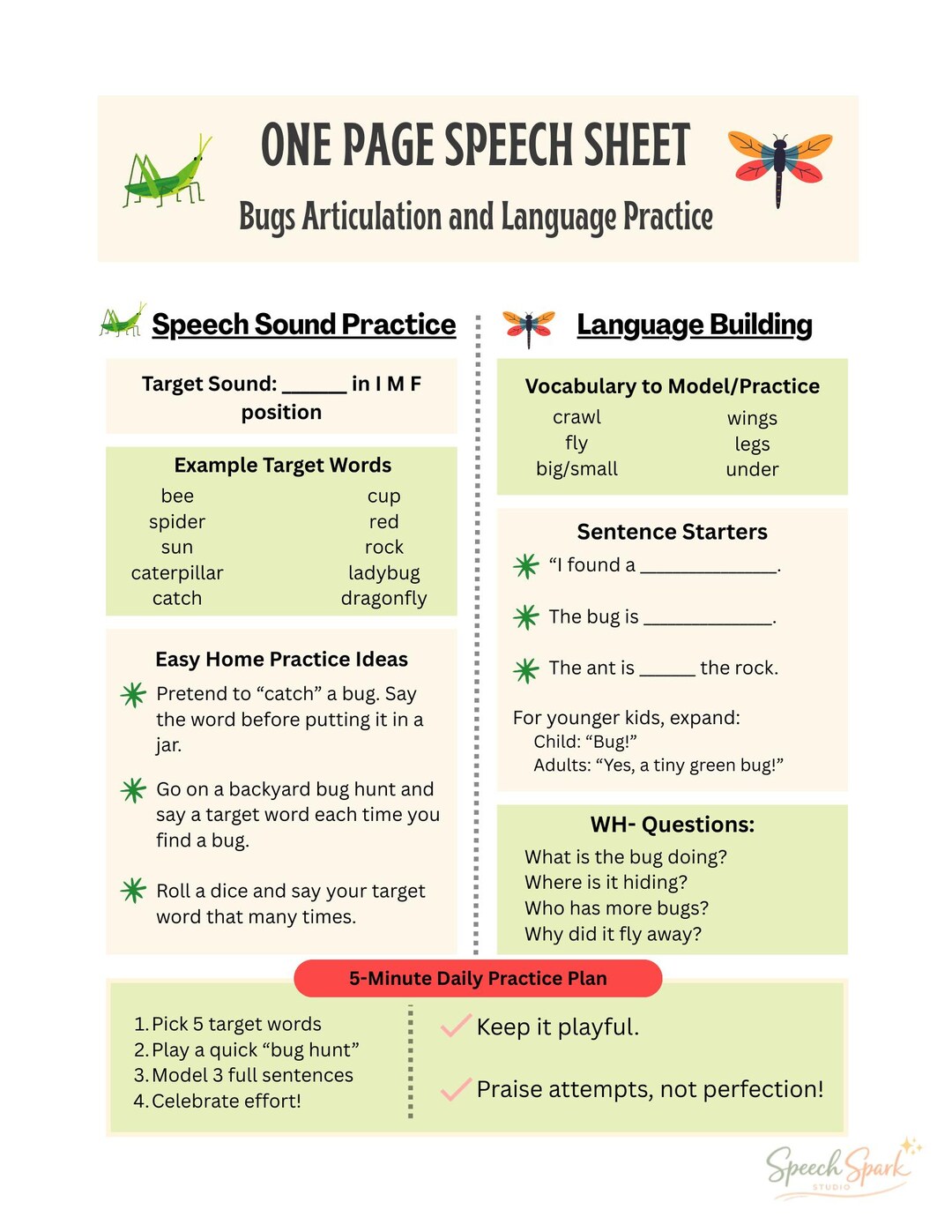 One Page Speech Carryover Practice - Bugs || Articulation and Early ...