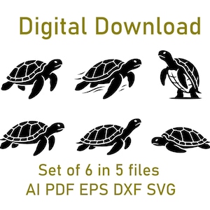 Sea Turtle SVG Bundle, 6 Swimming Ocean Animal Silhouettes (digital ...