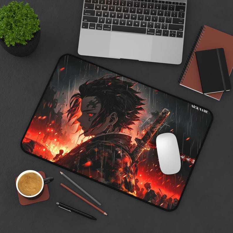 Anime Warrior Mouse Pad XXL | Dark Fantasy Gaming Desk Mat, Red Fire ...