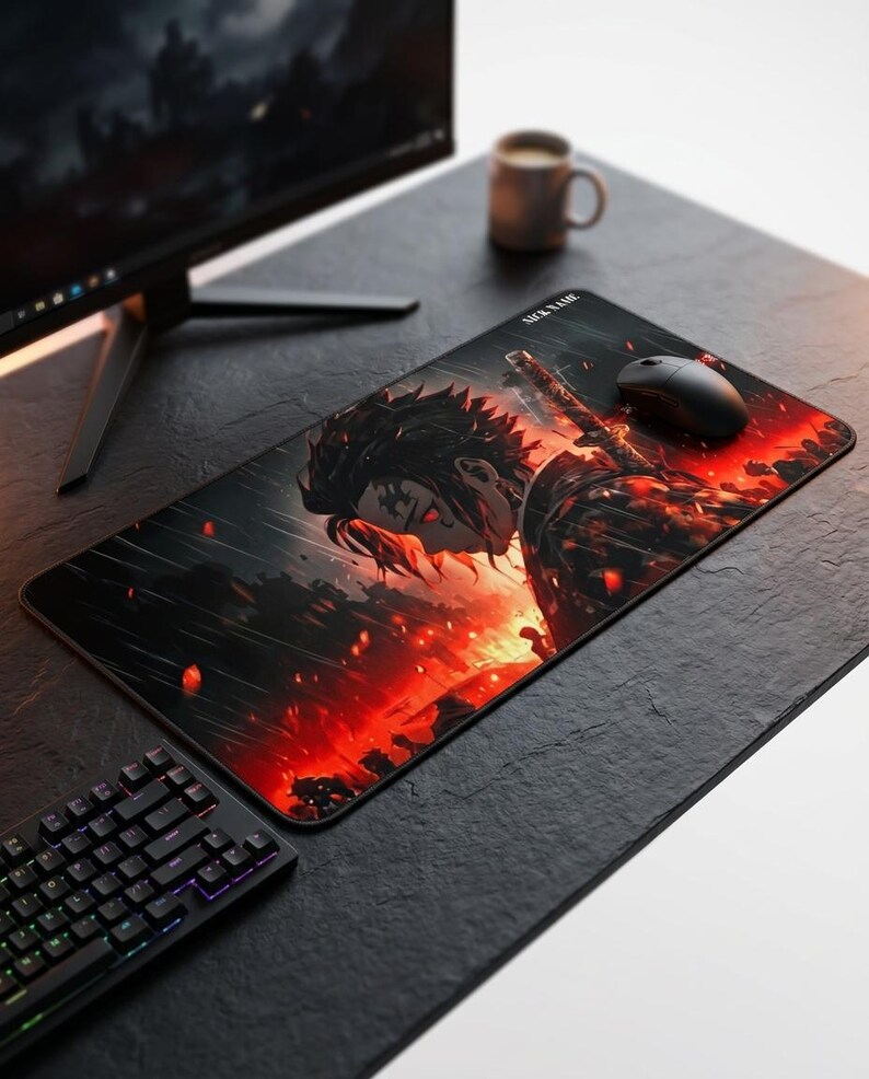 Anime Warrior Mouse Pad XXL | Dark Fantasy Gaming Desk Mat, Red Fire ...