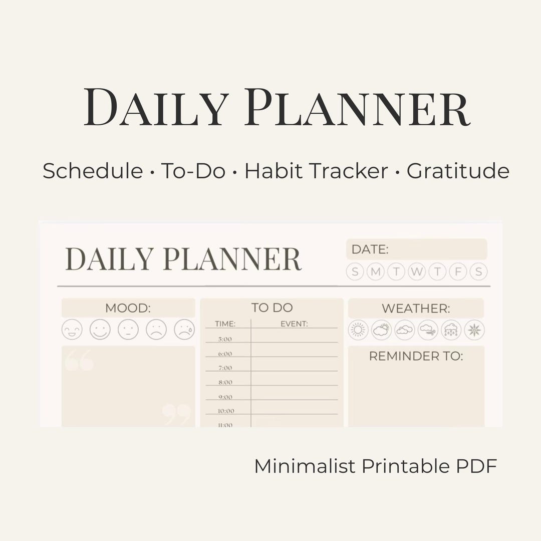 Minimalist Daily Planner Printable | Hourly Schedule, To-do List ...