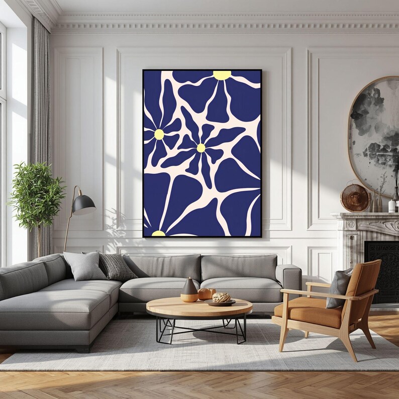 Navy Blue Abstract Floral Wall Art Print, Modern Scandinavian Flower ...