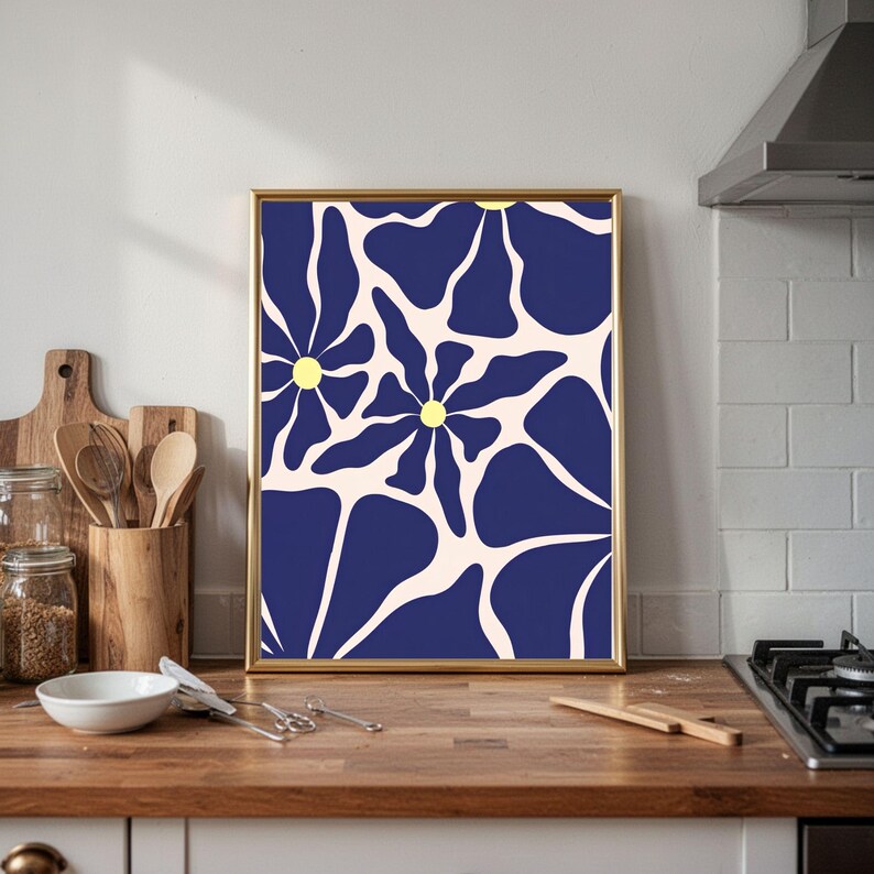Navy Blue Abstract Floral Wall Art Print, Modern Scandinavian Flower ...