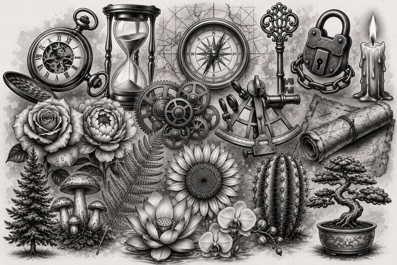 100 Realistic Tattoo Procreate Stamps, Black Grey Flash Brushes ...