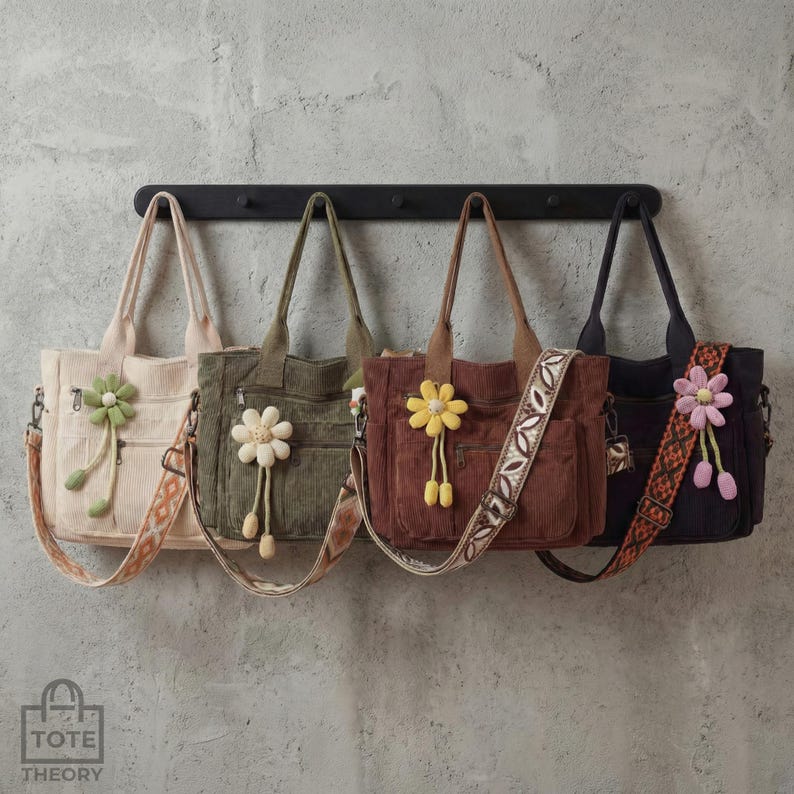 Corduroy Crossbody Tote Bag With Handmade Flower Pin, Casual Shoulder ...