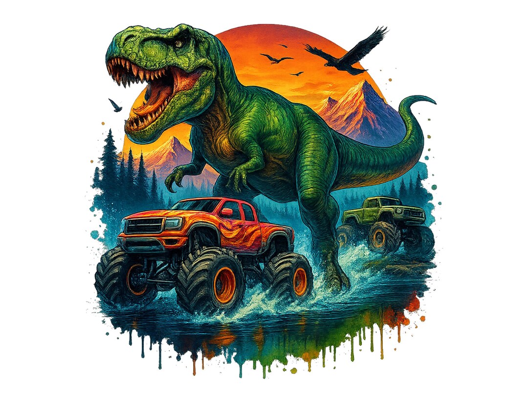 Dinosaur Monster Trucks Watercolor PNG, Kids Birthday Party Art ...