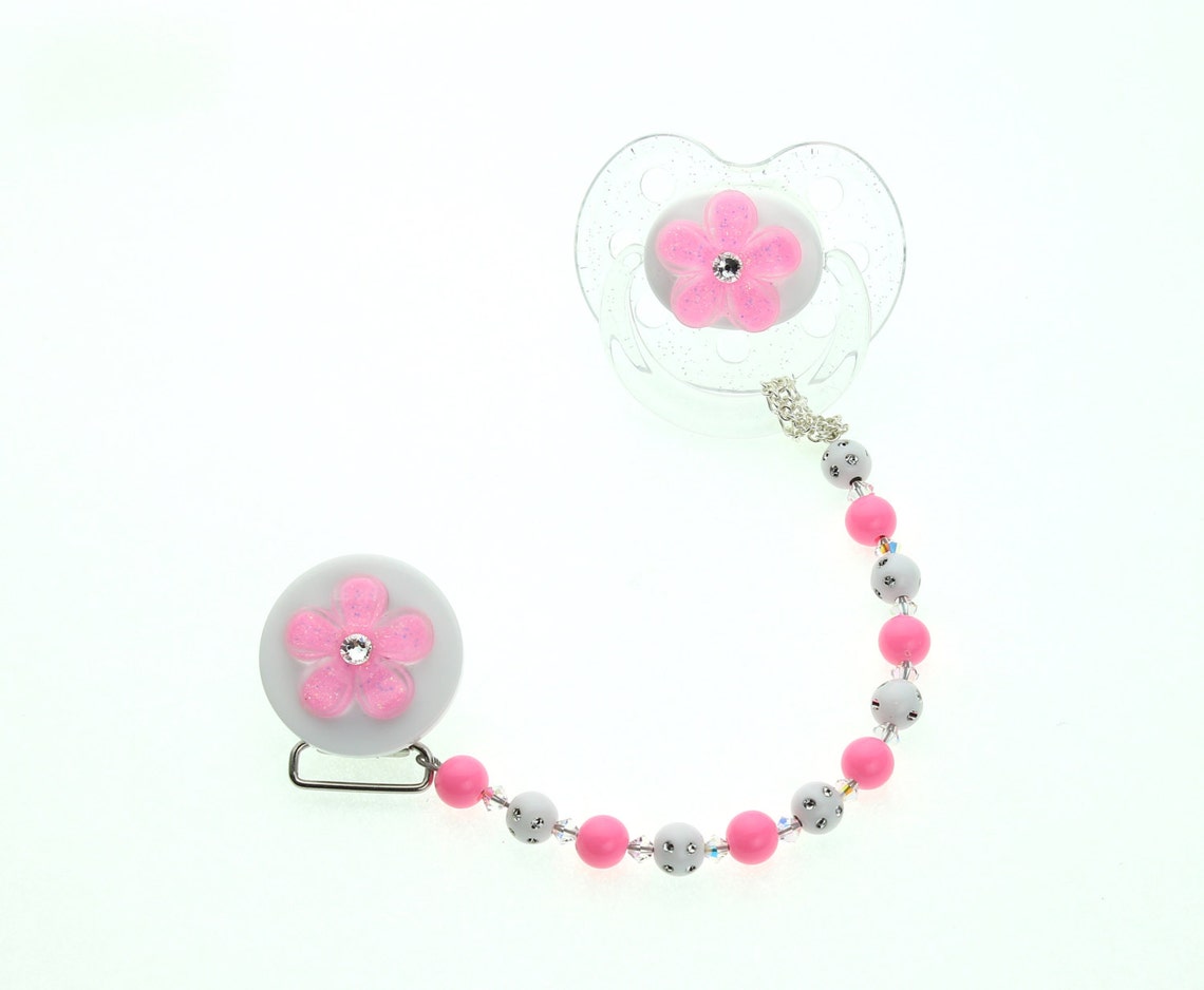 Pink Flower With Matching Pink & White Beads Pacifier Clip - Etsy
