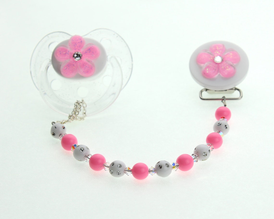 Pink Flower With Matching Pink & White Beads Pacifier Clip | Etsy