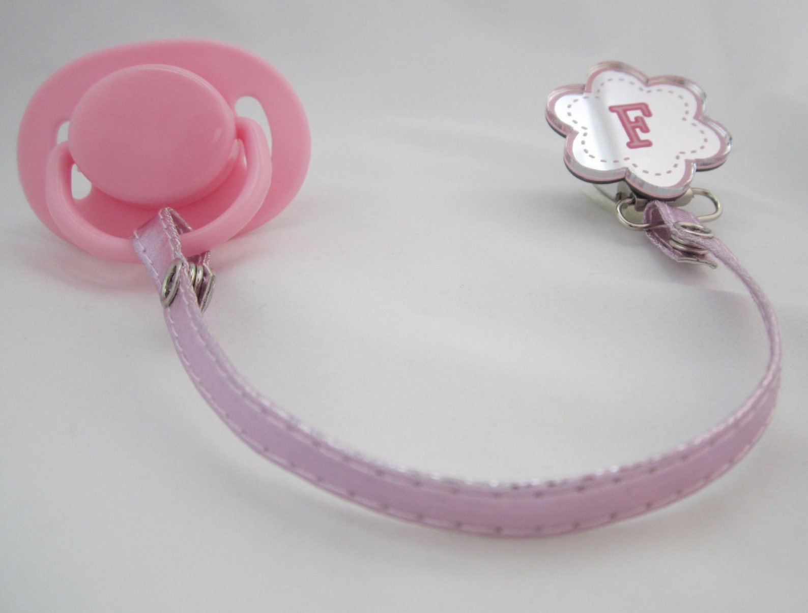 Pink Initial Pacifier Clip With Faux Leather Strap Mirror Look - Etsy