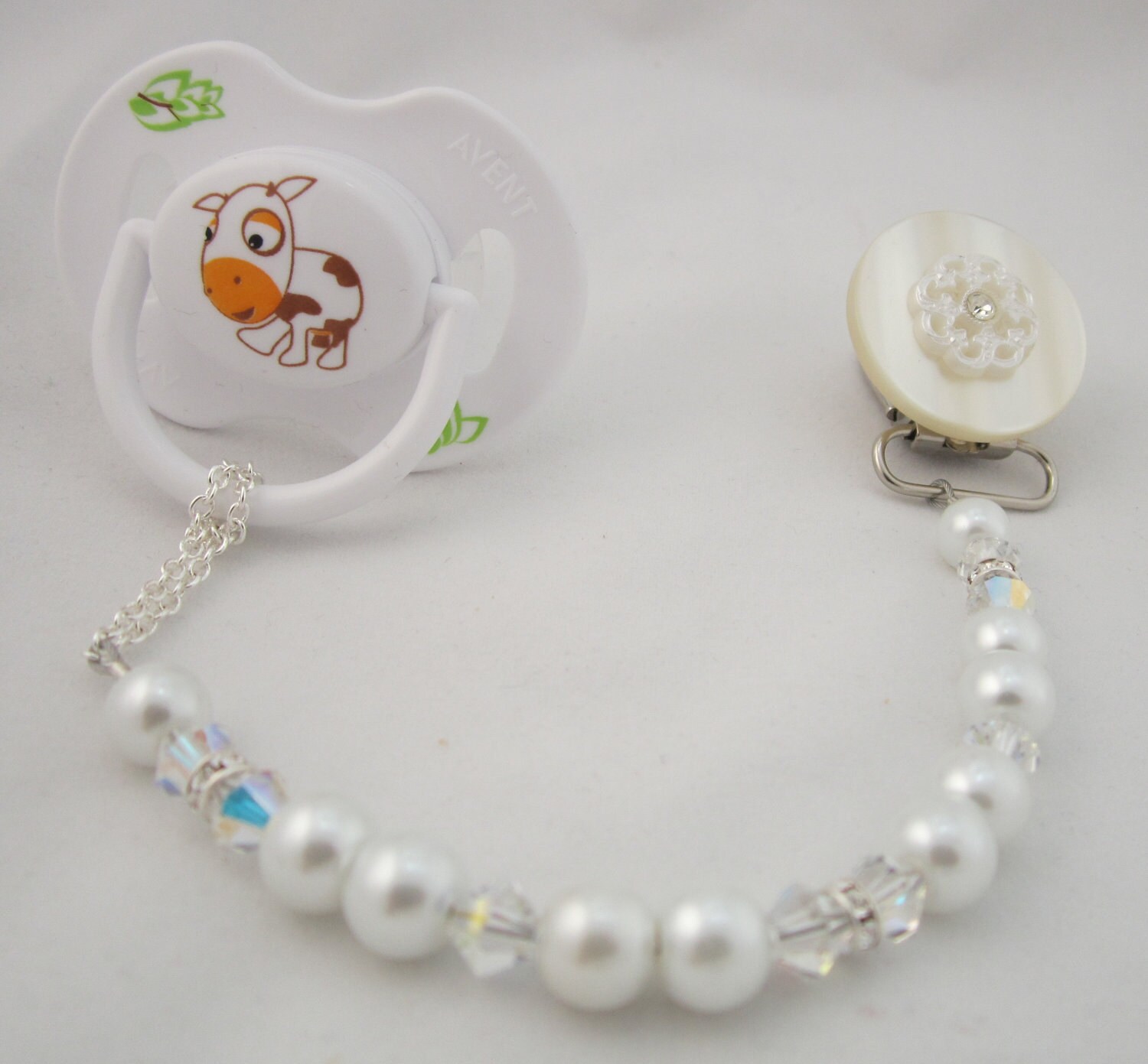 White Lacy Flower Pacifier Clip With Stunning Pearls and | Etsy