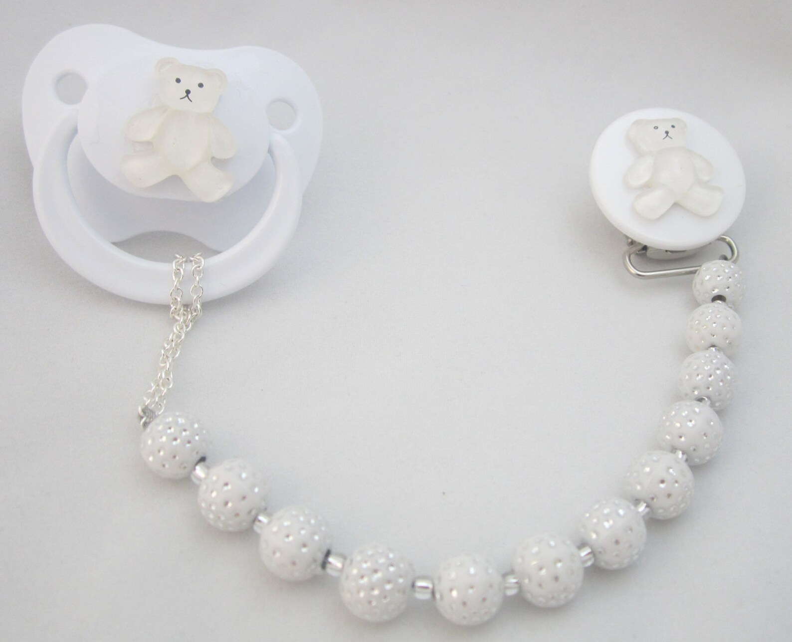 White Beaded Teddy Bear Pacifier Clip CPW pacifier Sold - Etsy