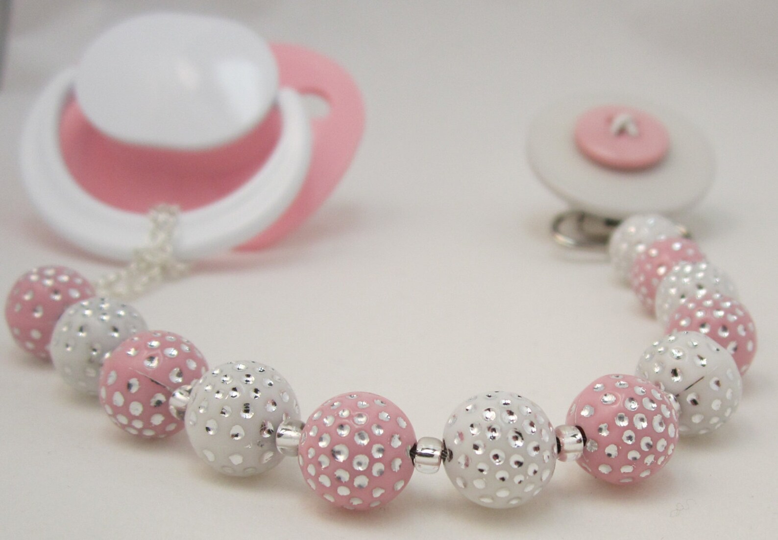 Pink Button Pacifier/binky Clip With Matching Beads CPPB - Etsy