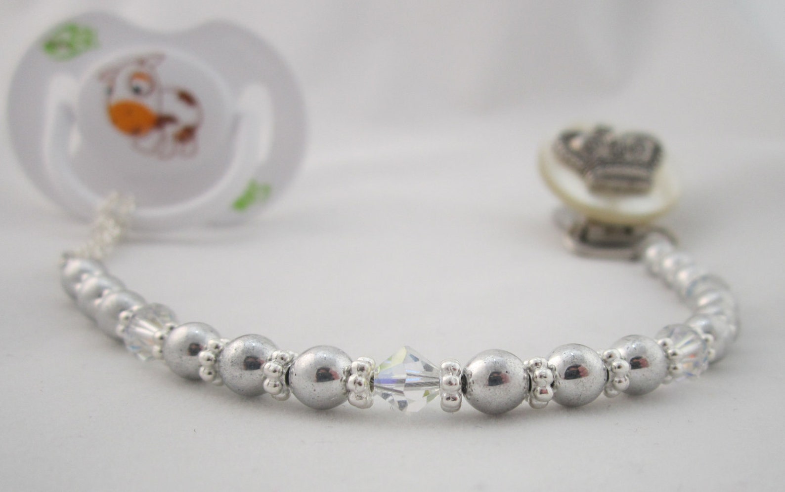 Silver Crown Pacifier Clip With Silver Pearls and Crystals - Etsy