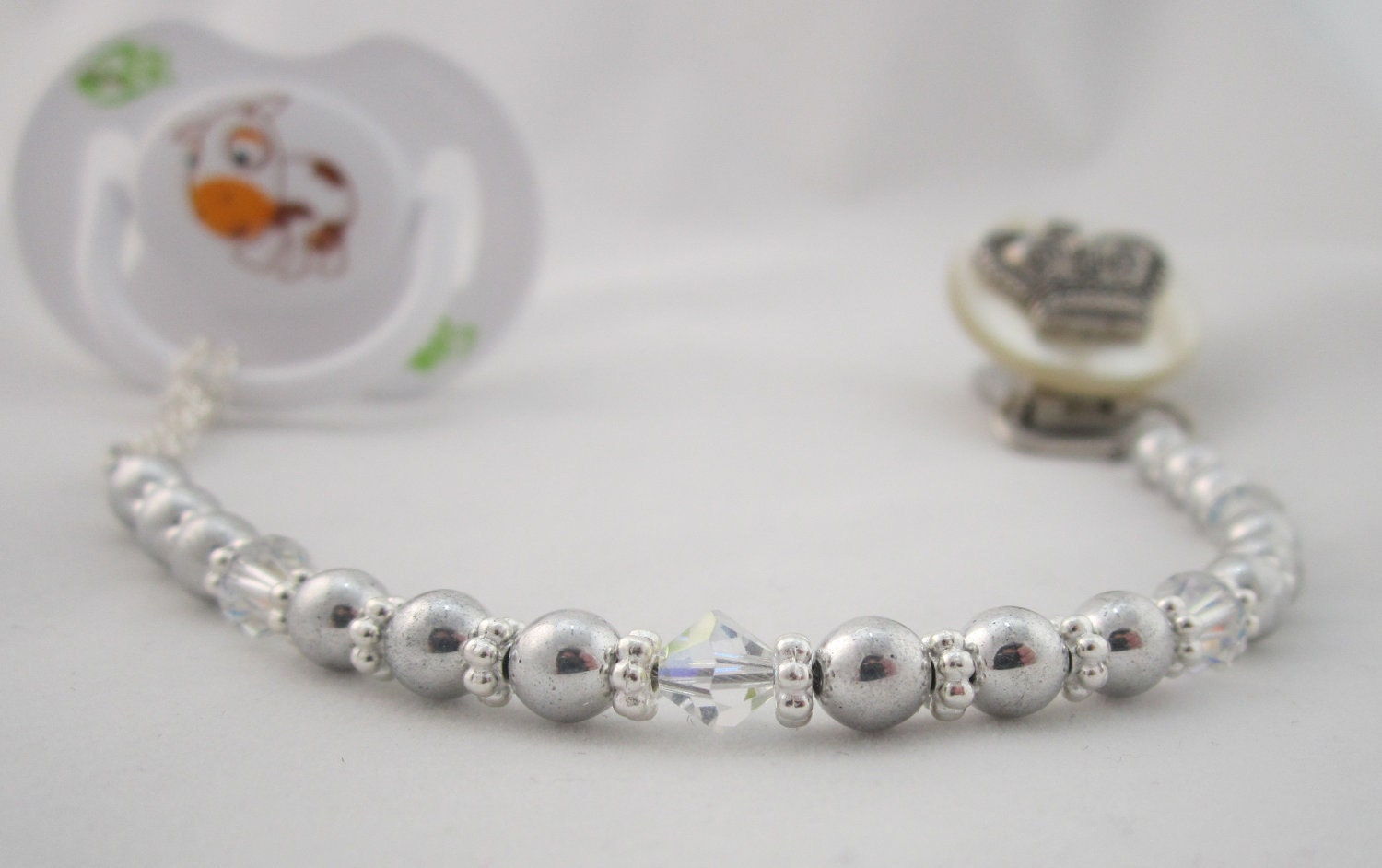 Silver Crown Pacifier Clip With Silver Pearls and Crystals | Etsy