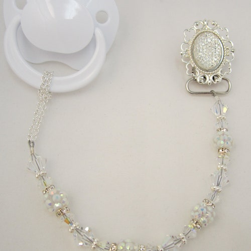 White Crown Pacifier Clip With White Pearls and Swarovski | Etsy