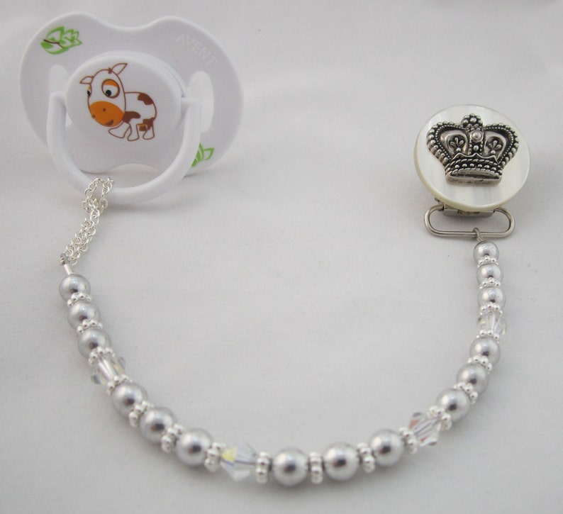 Silver Crown Pacifier Clip With Silver Pearls and Crystals - Etsy