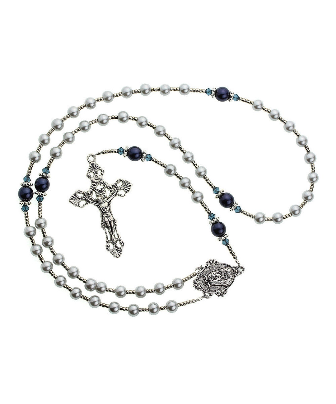 Catholic Rosary Prayer Beads, With Silver Pearls and Cathedral Crystals ...