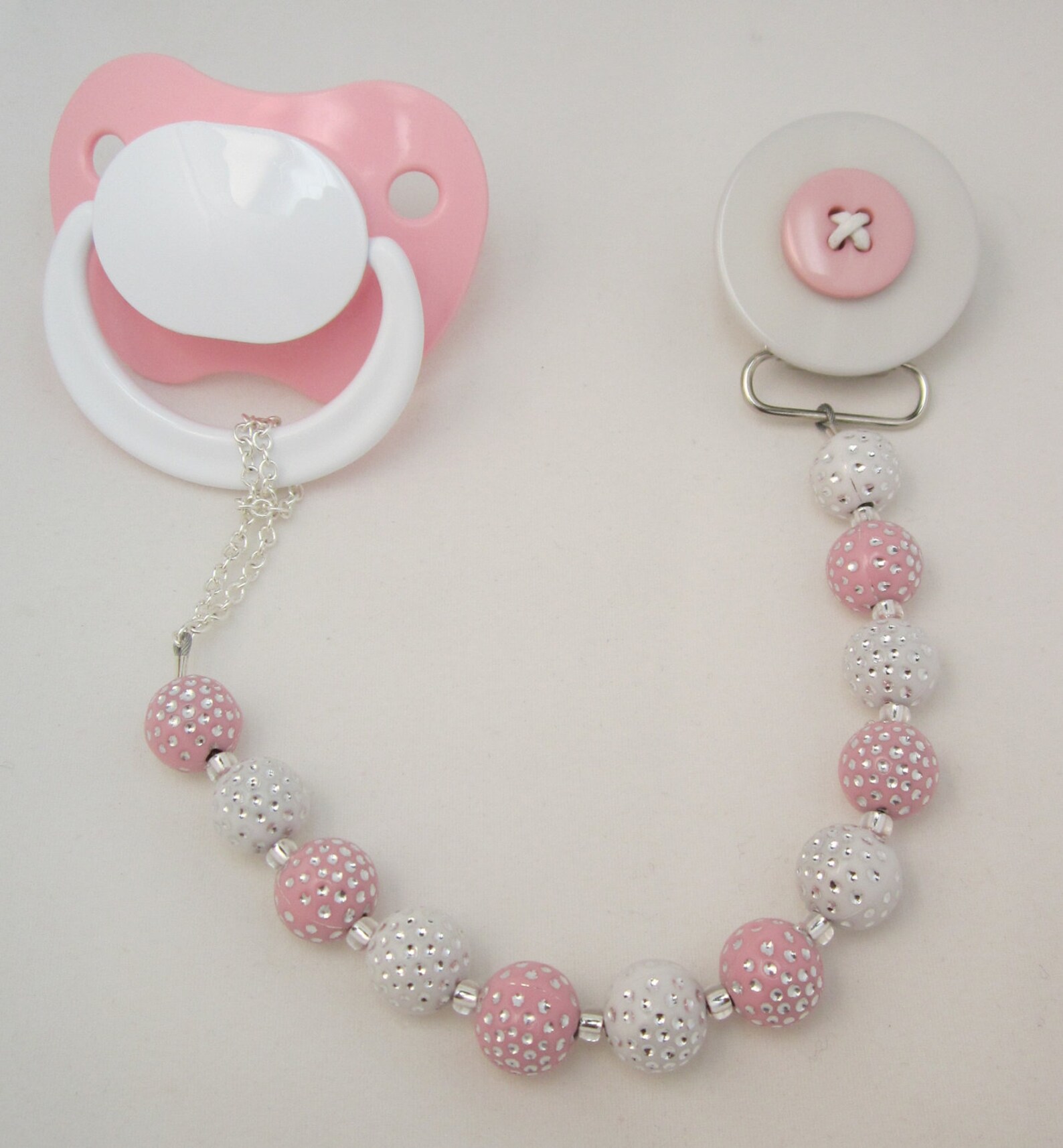 Pink Button Pacifier/binky Clip With Matching Beads CPPB - Etsy