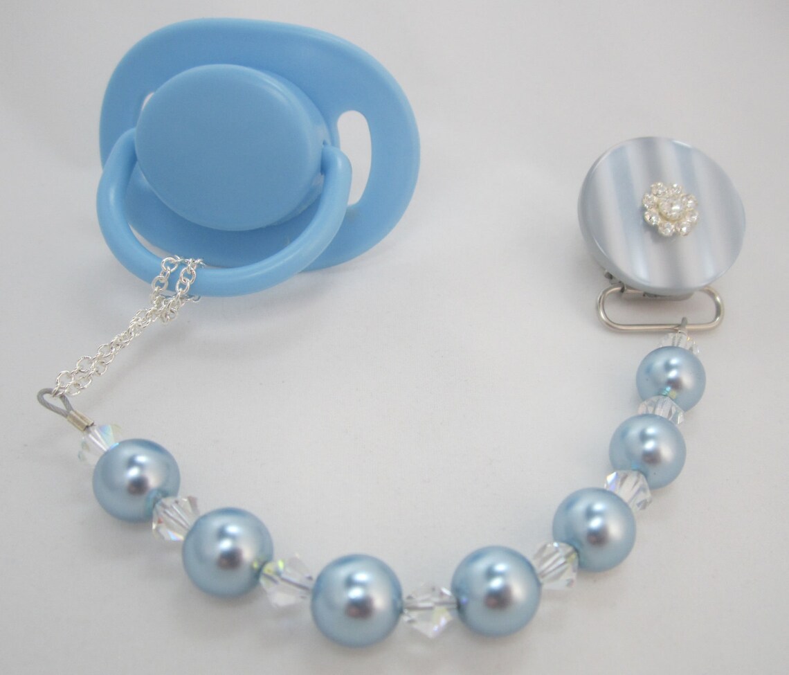 Blue Pacifier Clip With Big Pearls and White Crystals CPCB - Etsy