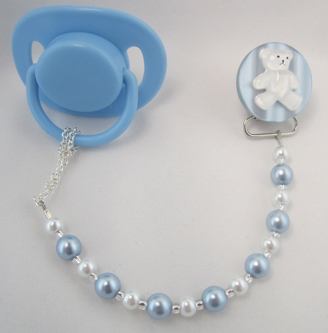 Blue Teddy Bear Pacifier Clip With Blue and White Pearls (CTB) - Etsy