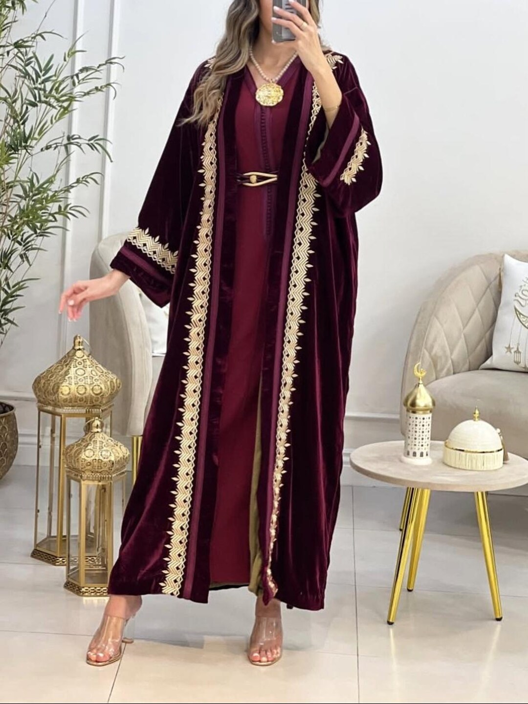 Luxury Moroccan Velvet Kaftan - Elegant Gold Embroidery 2-piece ...