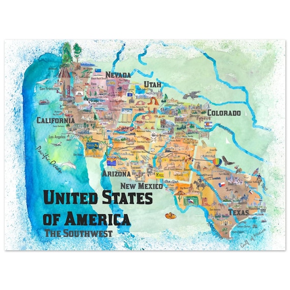 Arizona Texas Map Large Detailed Tourist Attractions Panoramic Map Of