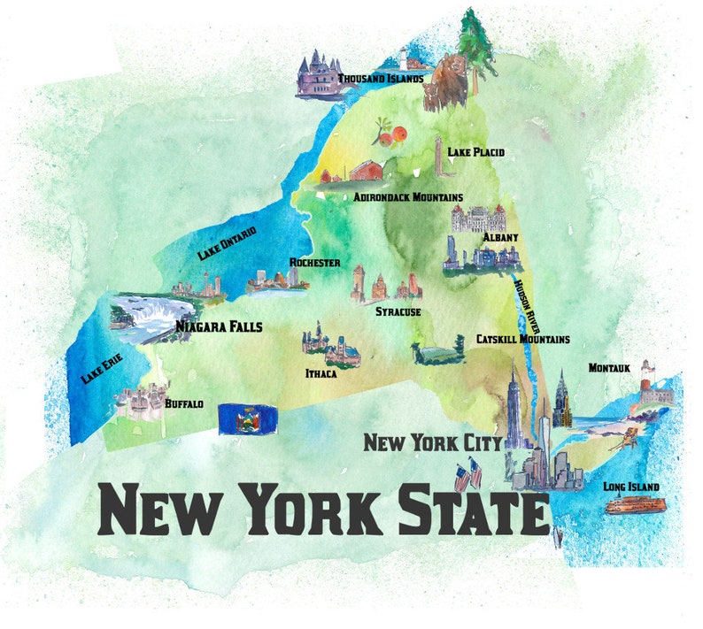 USA New York State Travel Poster Map With Tourist Highlights - Etsy
