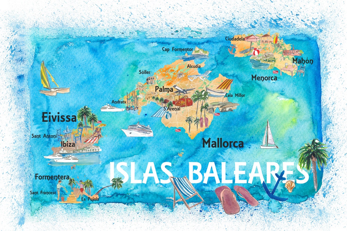 Balearic Islands Illustrated Travel Map With Majorca Ibiza - Etsy