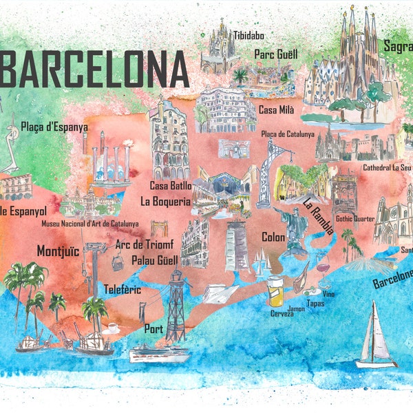 Illustrated Map of Barcelona - Etsy