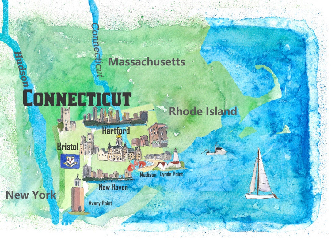 USA Connecticut State Illustrated Travel Poster Map With Touristic ...