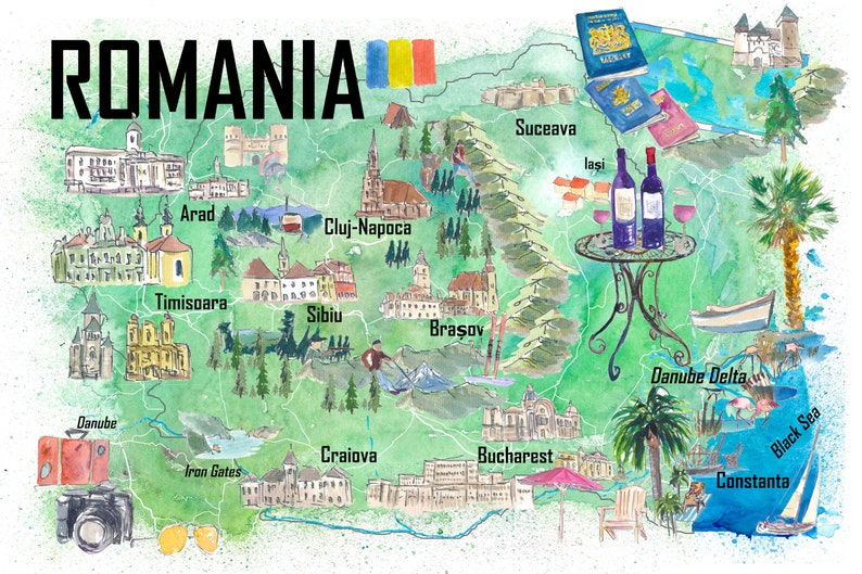 Romania Map Print – Illustrated Travel Memory Gift for Transylvania ...