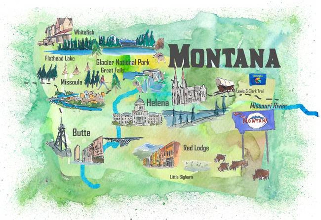 USA Montana State Travel Poster Illustrated Art Map - Fine Art Print - Etsy