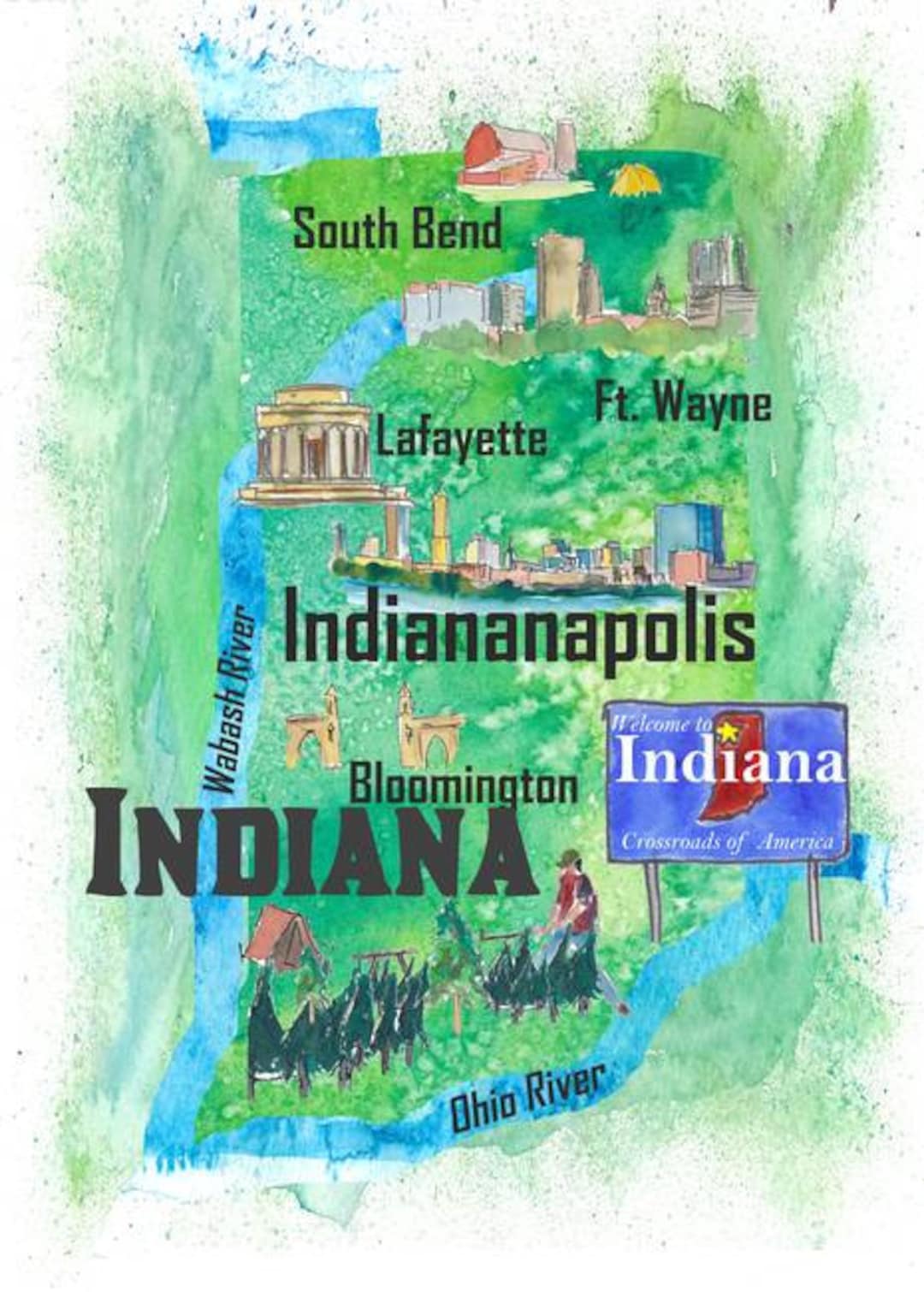 USA Indiana State Illustrated Travel Poster Map With Touristic ...