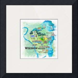USA Wisconsin State Illustrated Travel Poster Map With Tourist ...