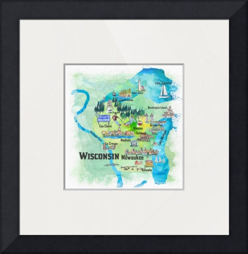 USA Wisconsin State Illustrated Travel Poster Map with Tourist | Etsy