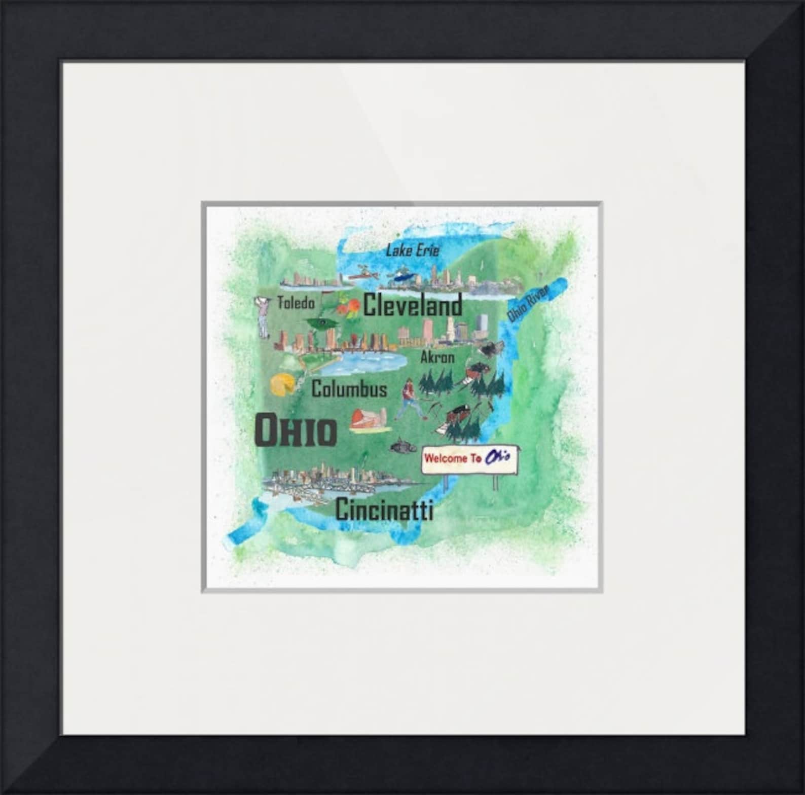 USA Ohio State Illustrated Travel Poster Map With Touristic Highlights ...