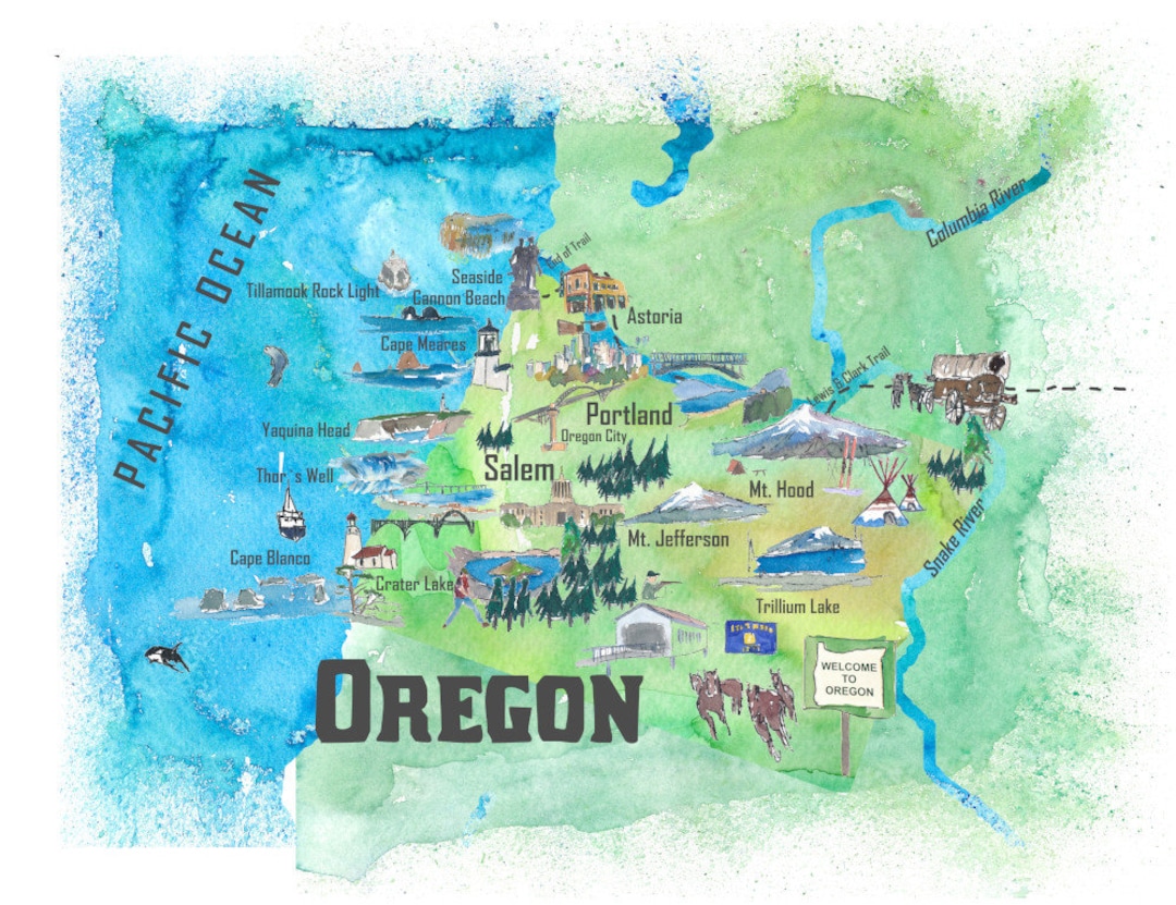 USA Oregon State Travel Poster Illustrated Art Map - Fine Art Print - Etsy