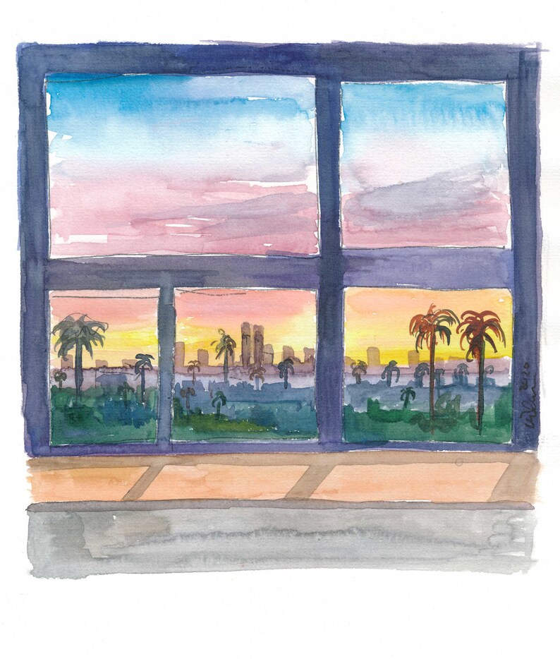 Cozy Evening Window to Downtown Skyline With Palms - Limited Edition ...