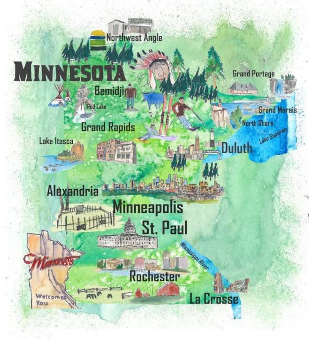 USA Minnesota State Illustrated Travel Poster Map With Touristic ...