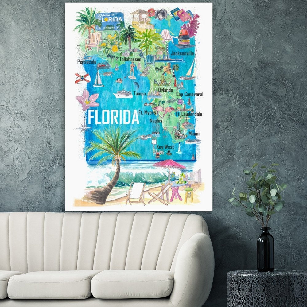 Florida Travel Illustration Print – USA Beach Collage Wall Map Art With ...